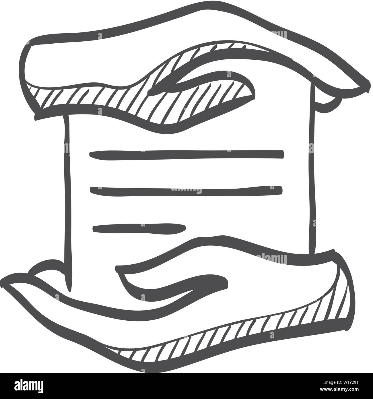 Data protection icon in doodle sketch lines. Hands over document paper ...