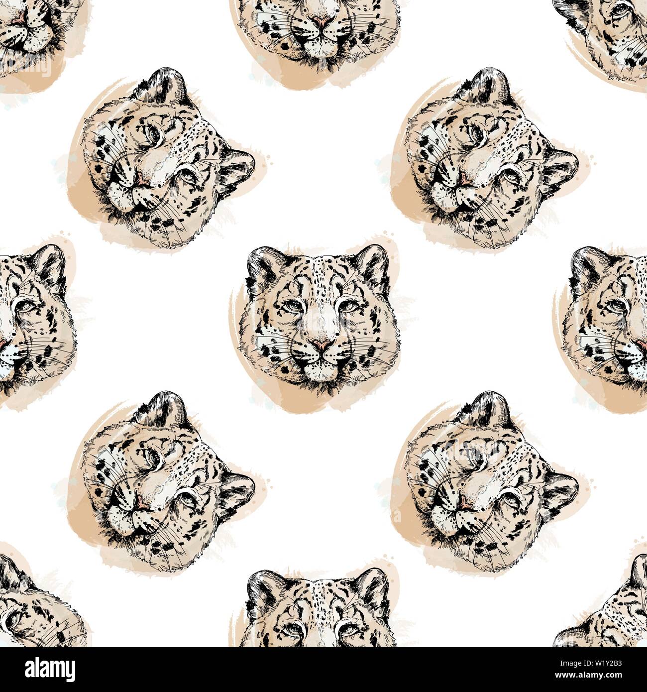 Seamless pattern of hand drawn sketch style portraits of snow leopard ...