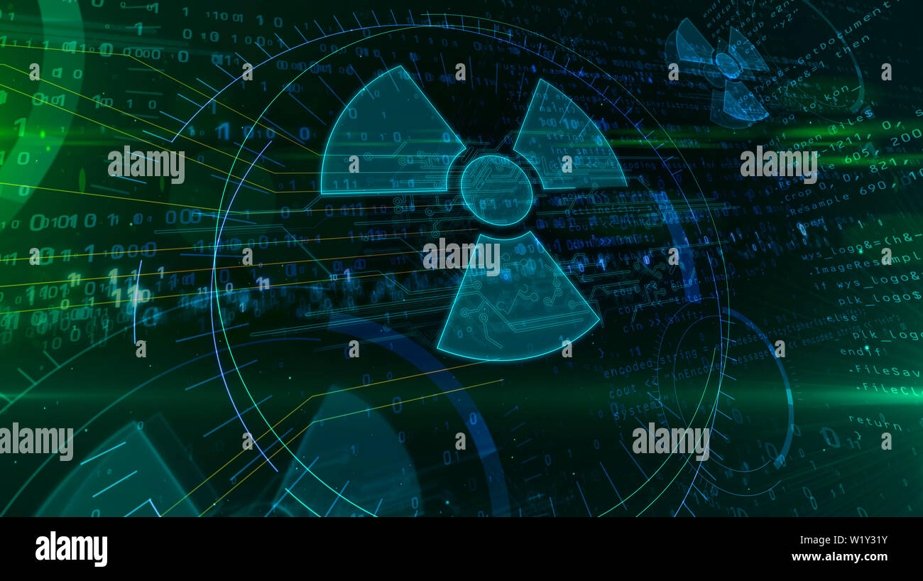 Cyber war with nuclear symbol hologram intro on futuristic background ...