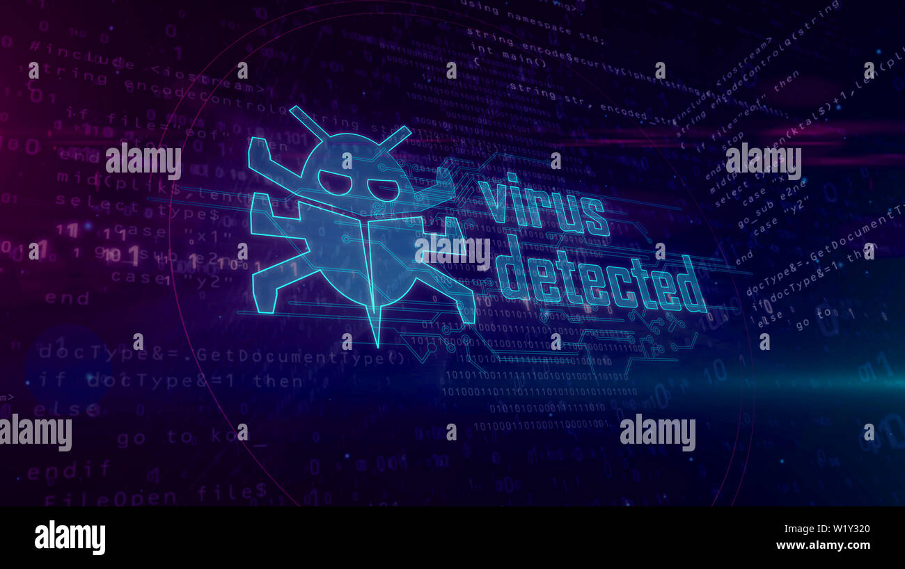 Virus detected hologram over working cpu in background. Futuristic 3d ...