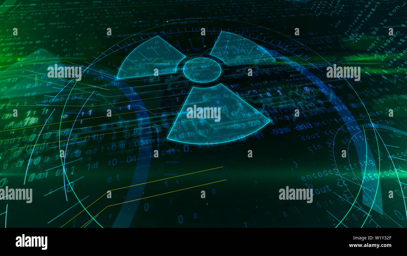 Cyber war with nuclear symbol hologram intro on futuristic background ...