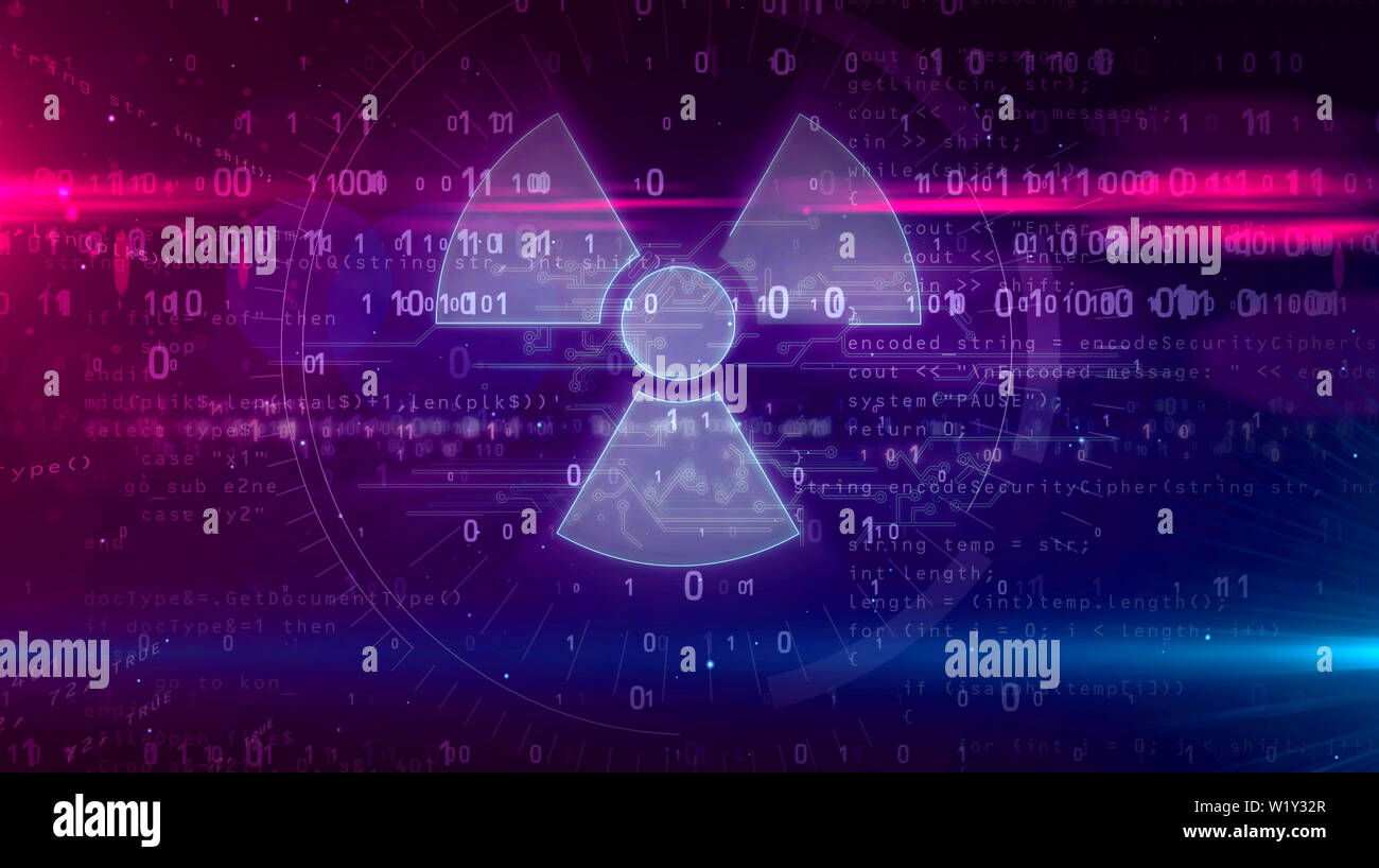 Cyber war with nuclear symbol hologram intro on futuristic background ...