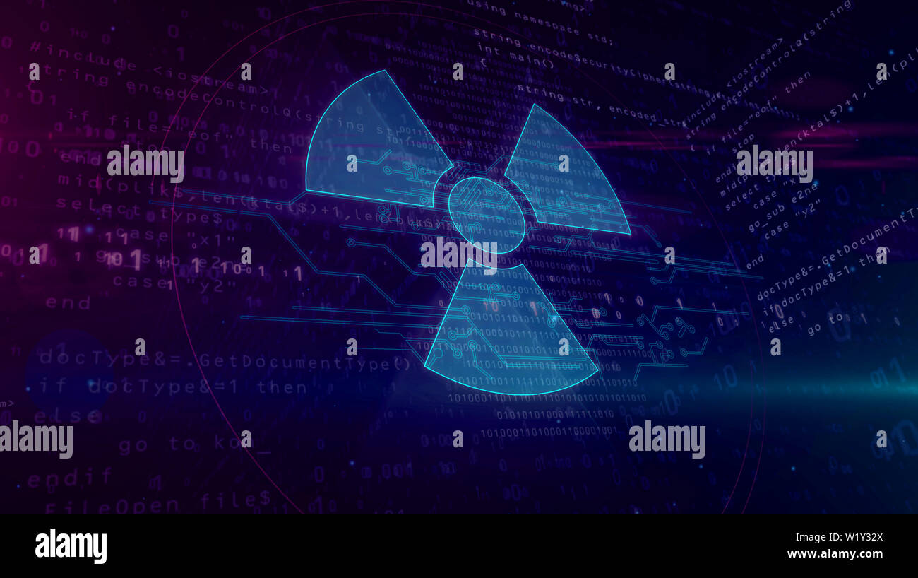 Cyber war with nuclear symbol hologram intro on futuristic background ...