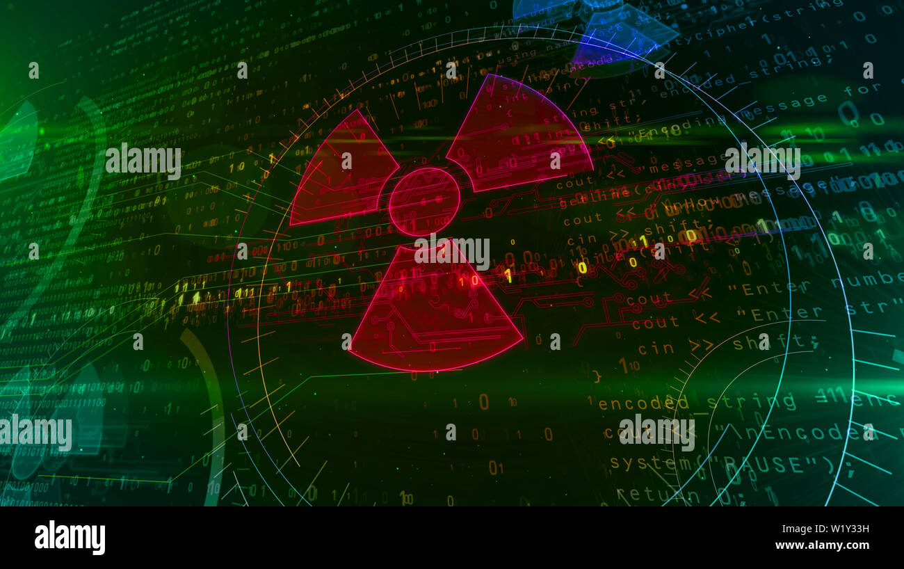 Cyber war with nuclear symbol hologram intro on futuristic background ...