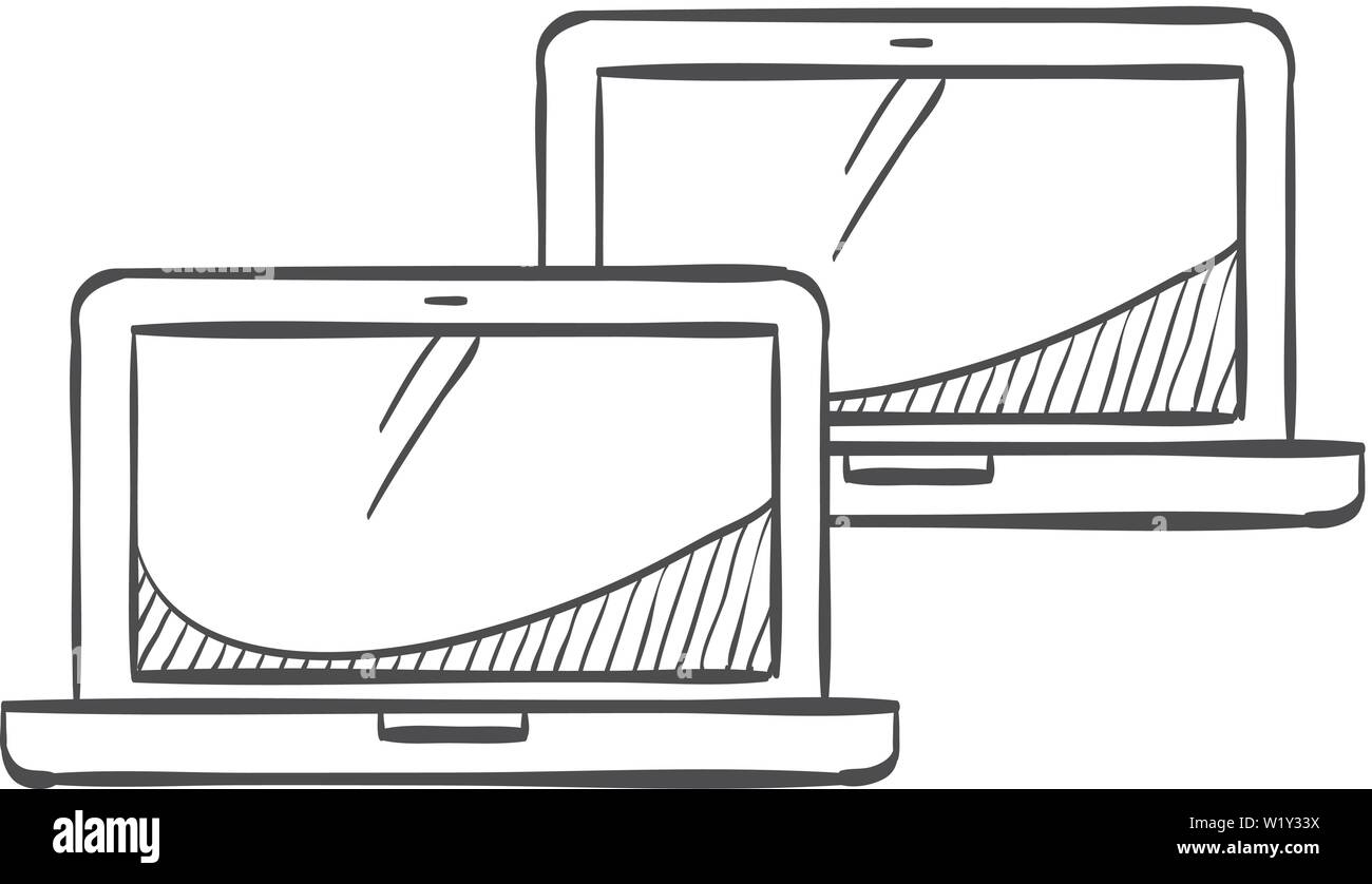 Laptops icon in doodle sketch lines. Electronic computer network ...