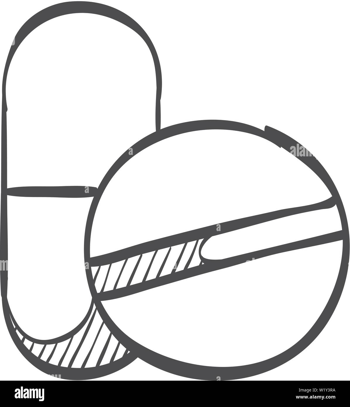 Pills icon in doodle sketch lines. Vitamin medicine drugs painkiller ...