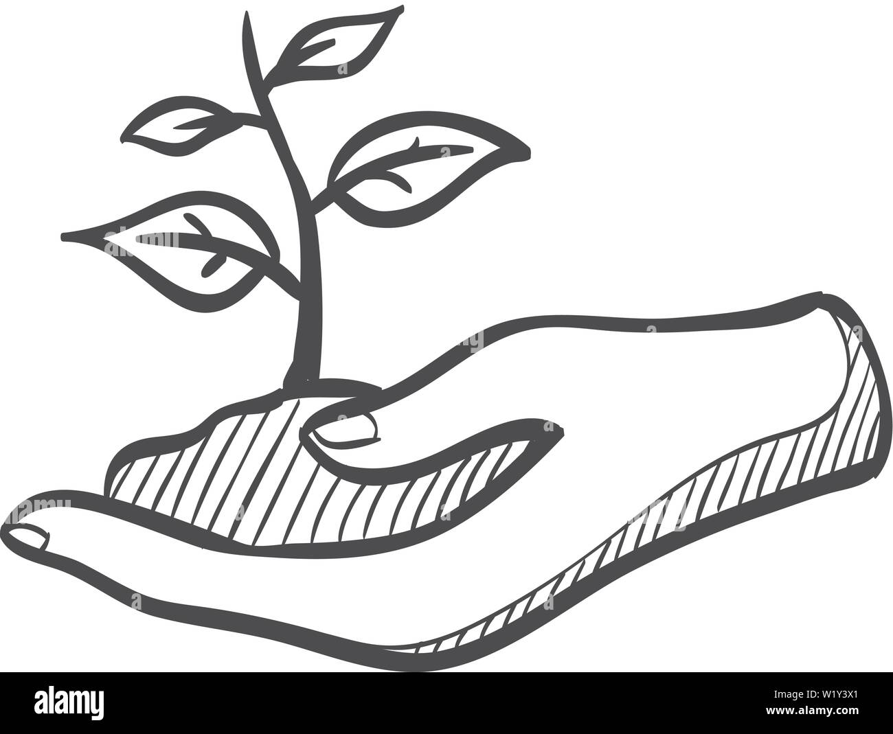 Hand holding tree icon in doodle sketch lines. Ecosystem environment ...