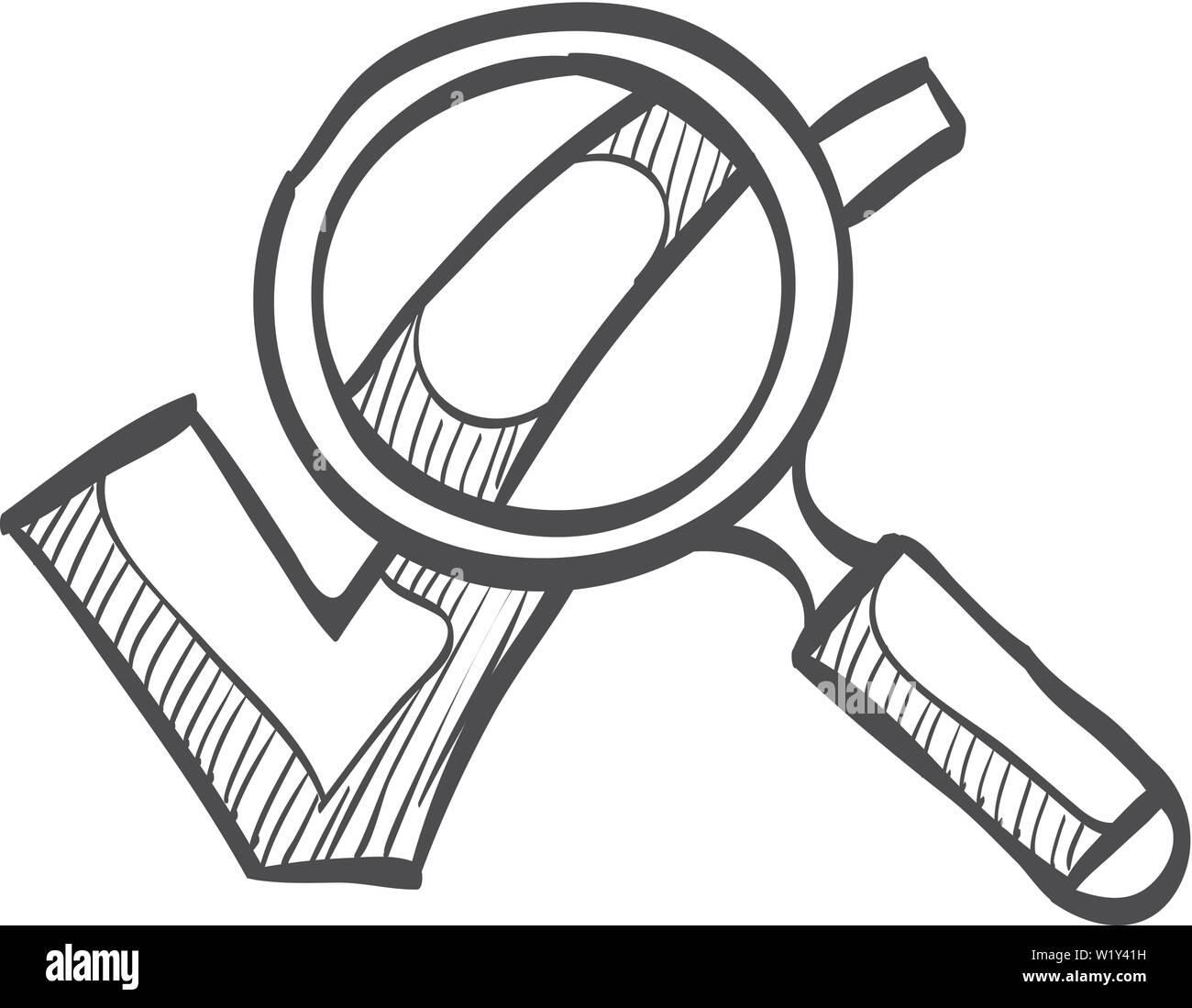 Magnifier check mark icon in doodle sketch lines. Zoom find locate ...