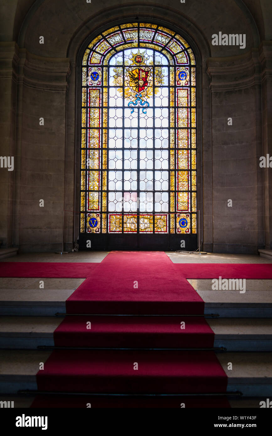Interior with stained glass window, Art and history museum, the largest ...