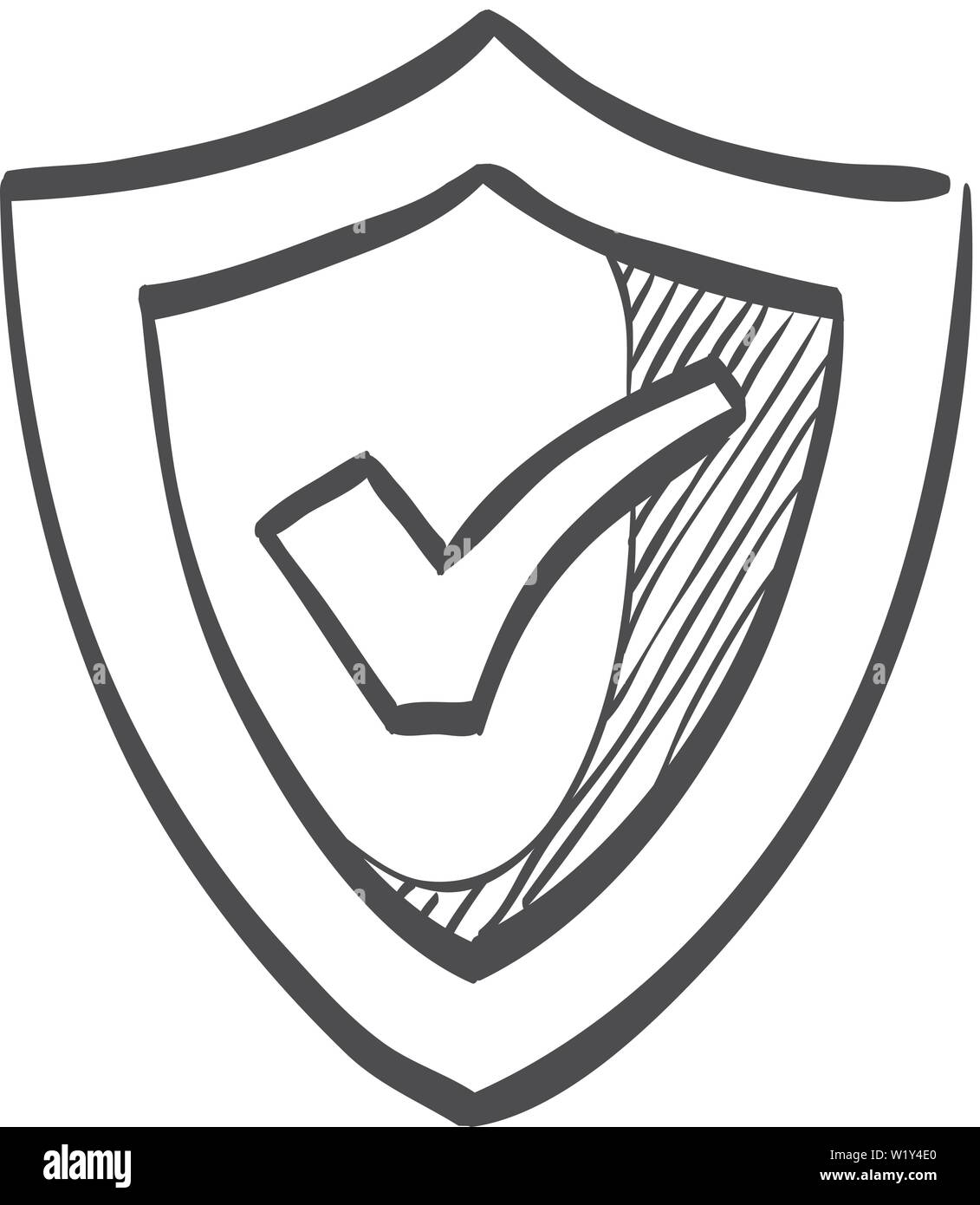 Shield icon with checkmark in doodle sketch lines. Protection guard ...