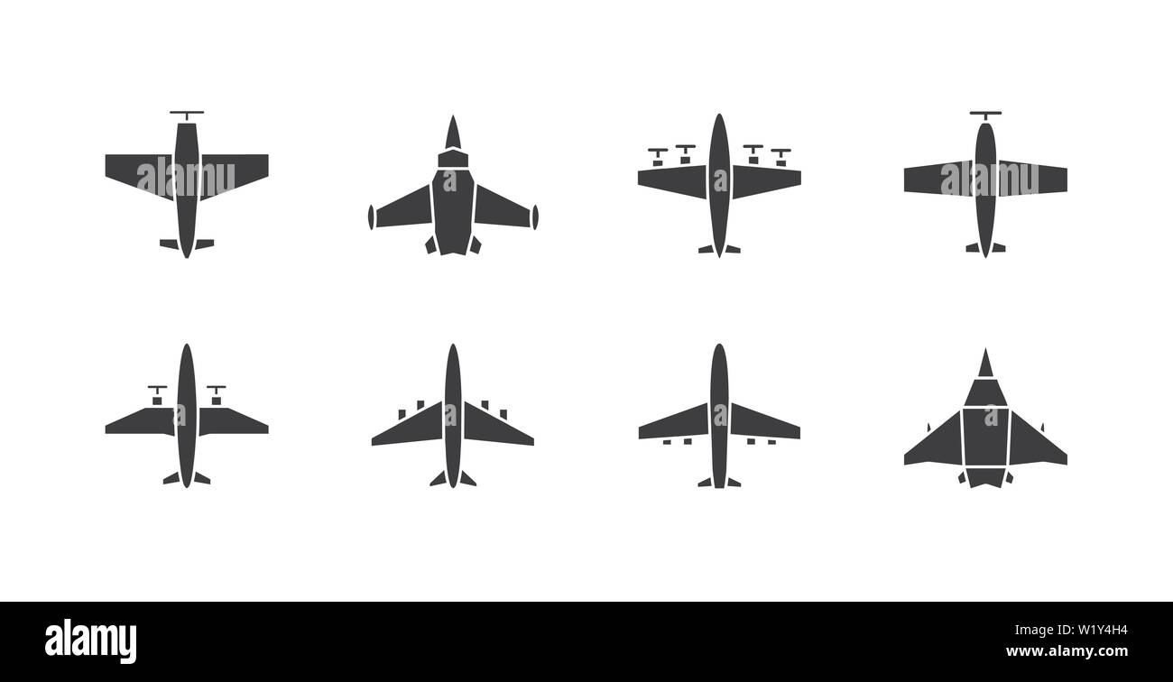 Set of different airplane symbols. Aircraft, plane icons or signs ...