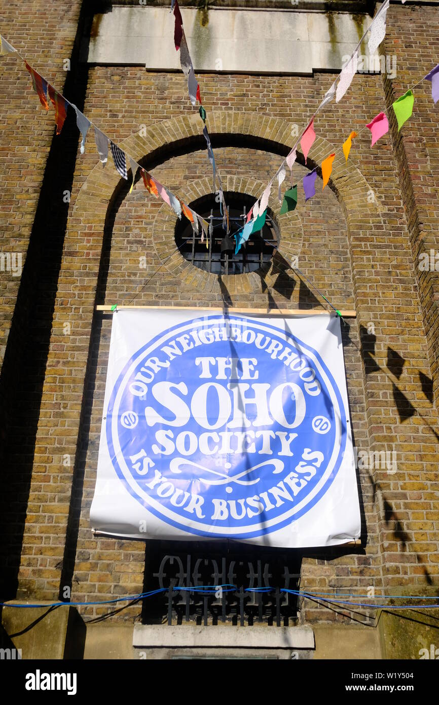 Soho Society banner hangs in front of St Anne's Church during the ...