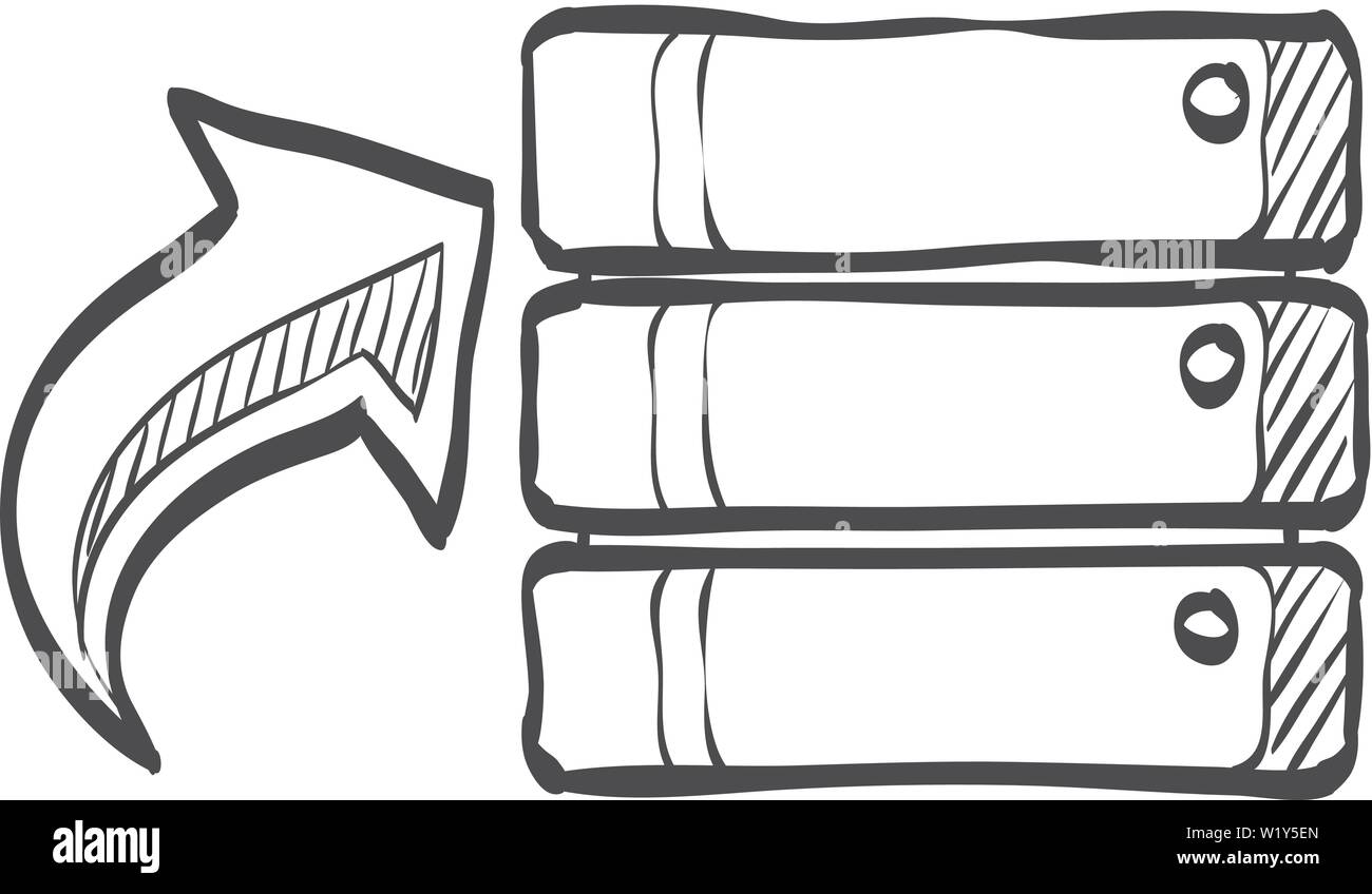 Database icon in doodle sketch lines. Hardisk, upload, file, server ...