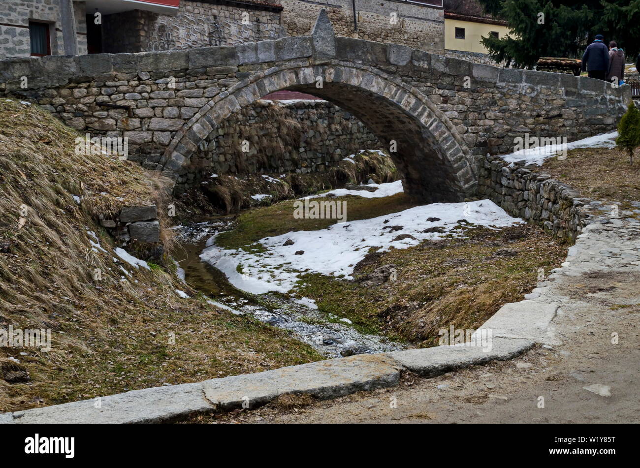 View toward old stone bridge in ancient town Koprivshtitsa, Bulgaria ...