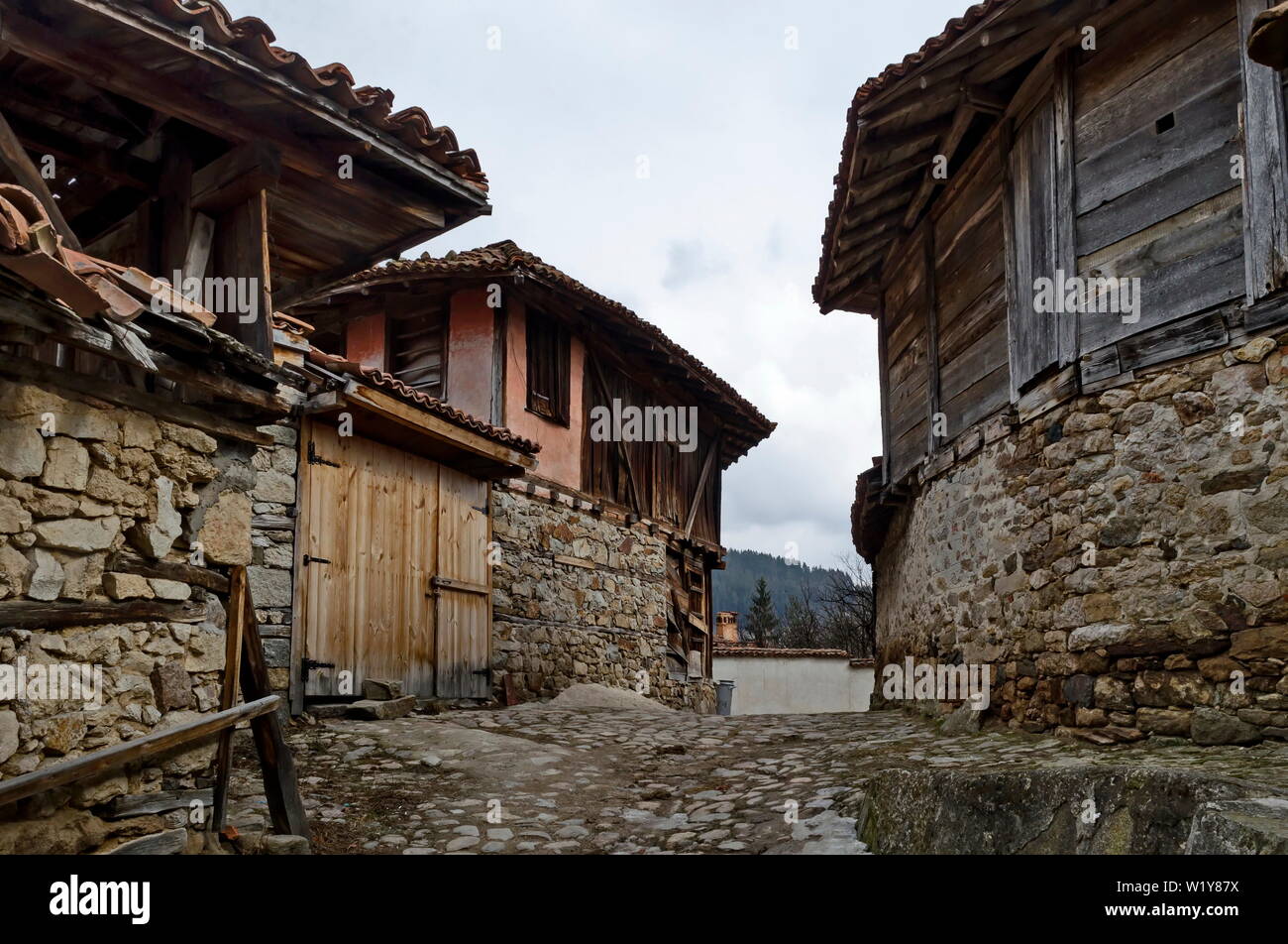 Town unique with its cobblestone streets, painted in bright colors ...