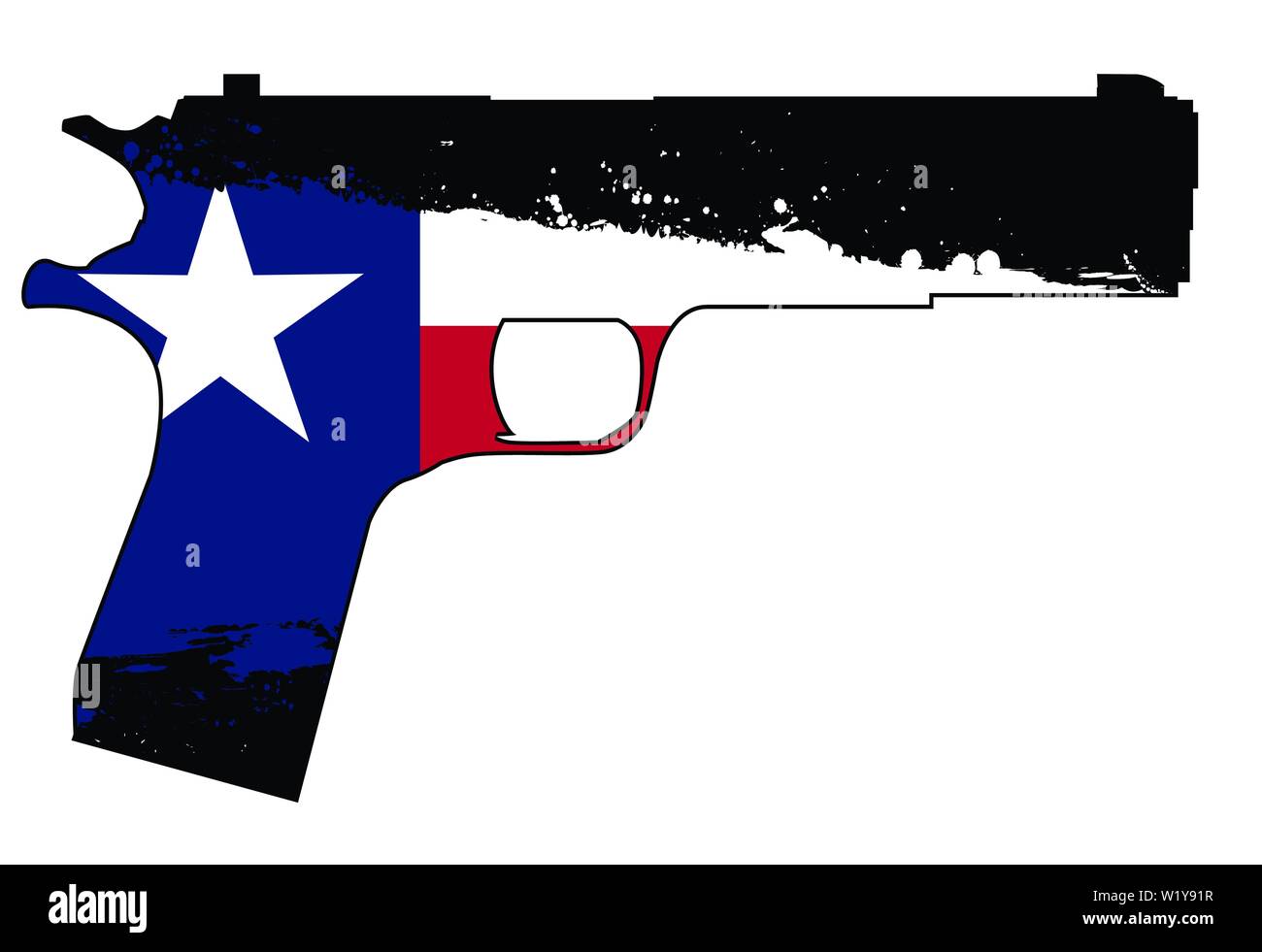 A typical 45 automatic hand gun isolated on white with Texas state flag ...