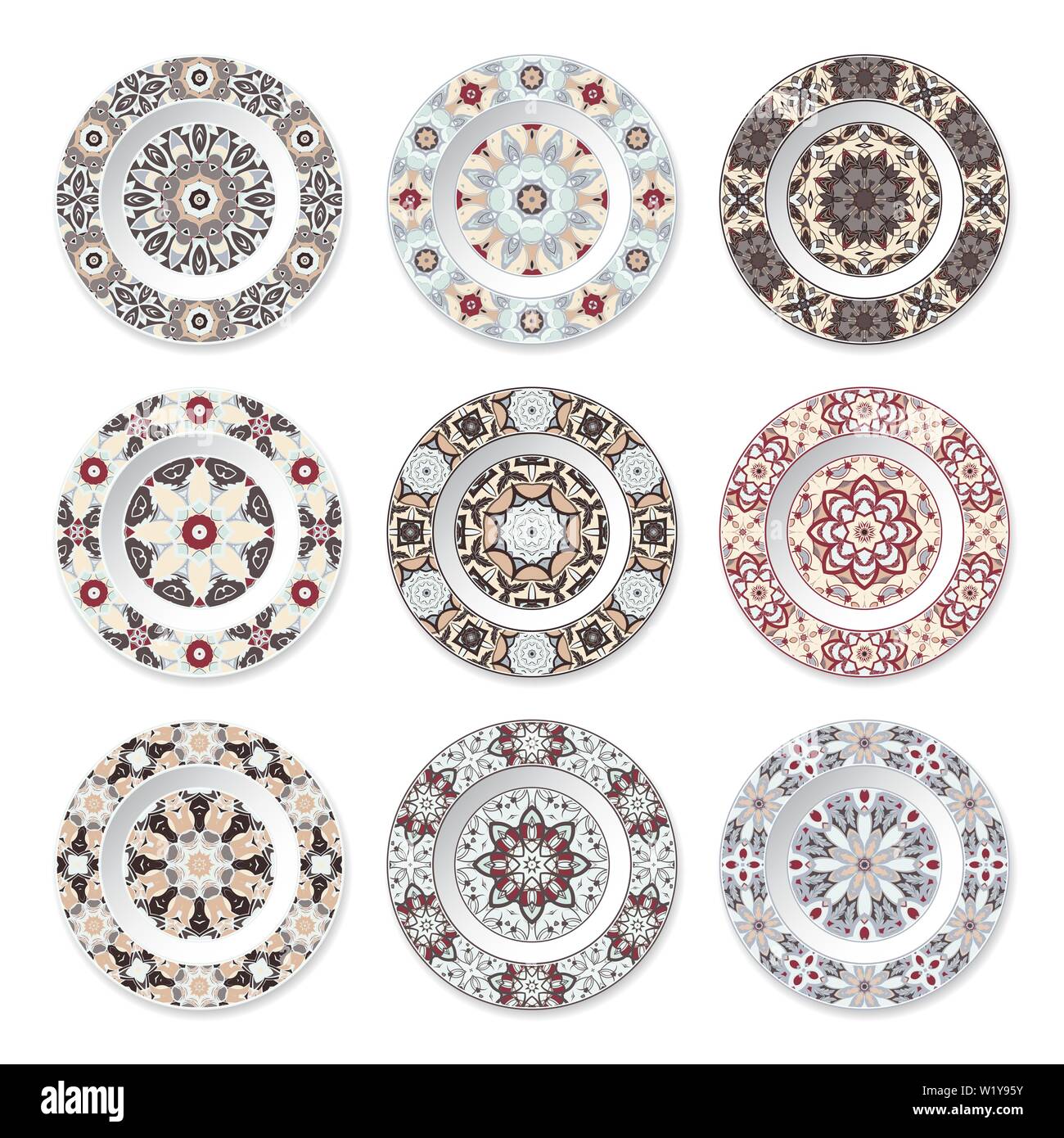 Set of nine decorative plates with a circular colored pattern, top view ...