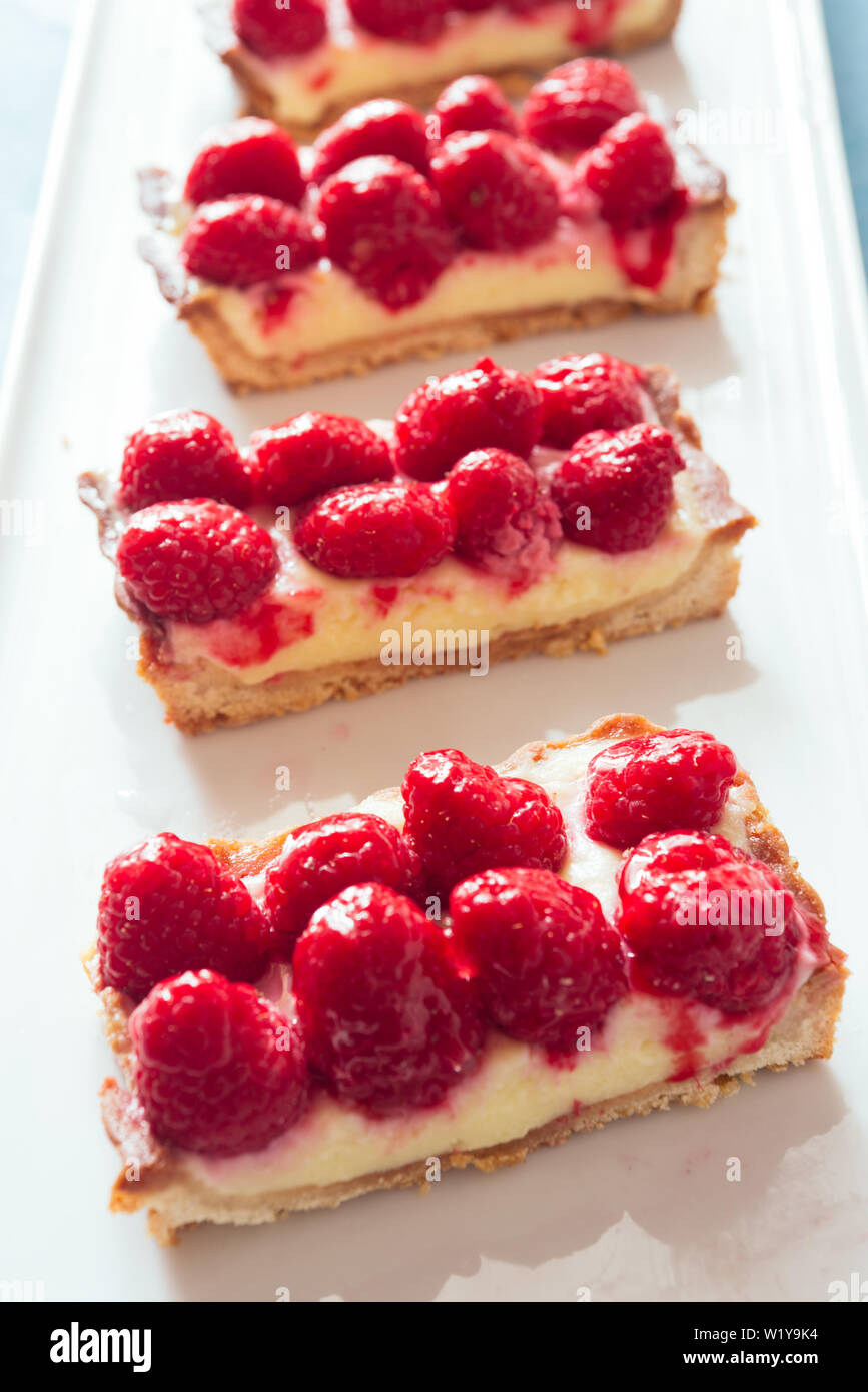 Raspberries rectangular shaped tart, top view, white background Stock ...