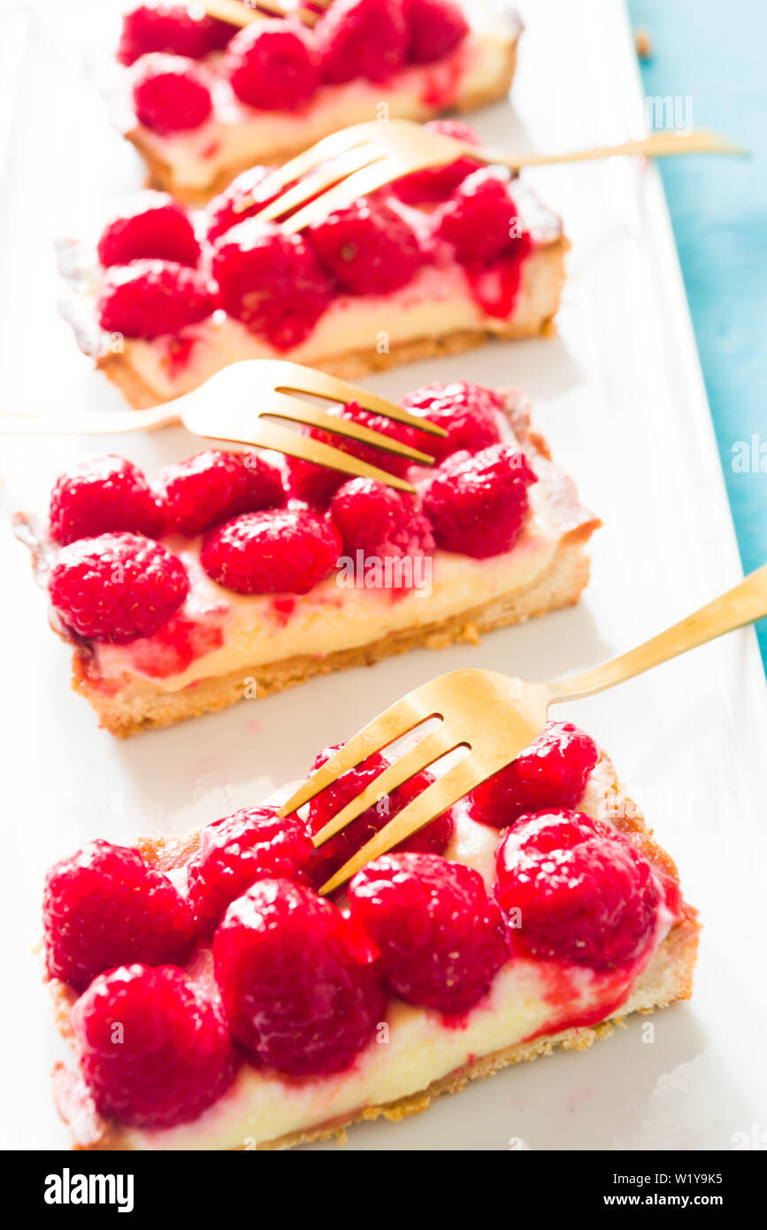 Raspberries rectangular shaped tart, top view, white background Stock ...