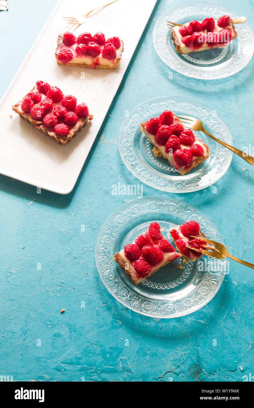 Raspberries rectangular shaped tart, top view, white background Stock ...