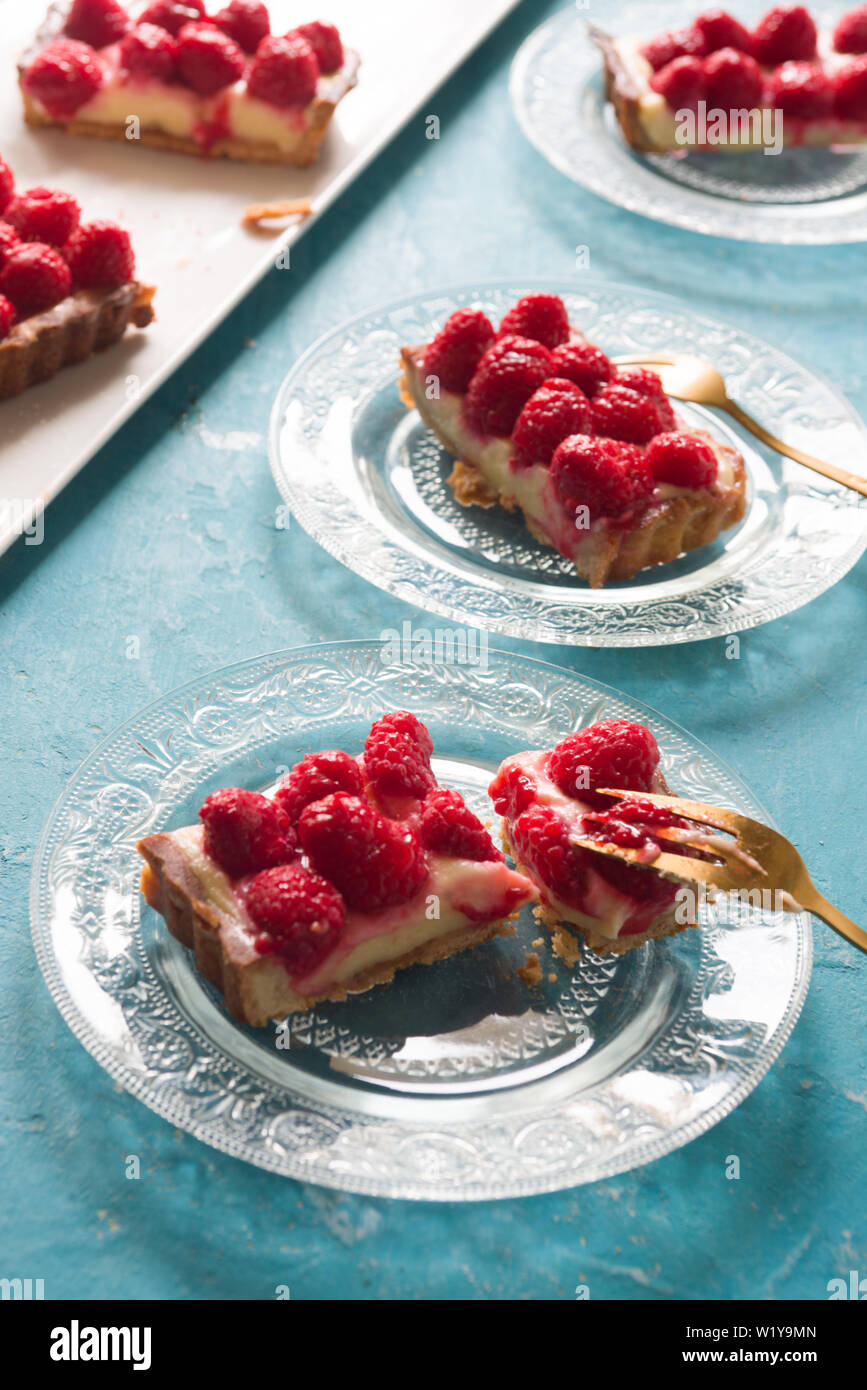 Raspberries rectangular shaped tart, top view, white background Stock ...