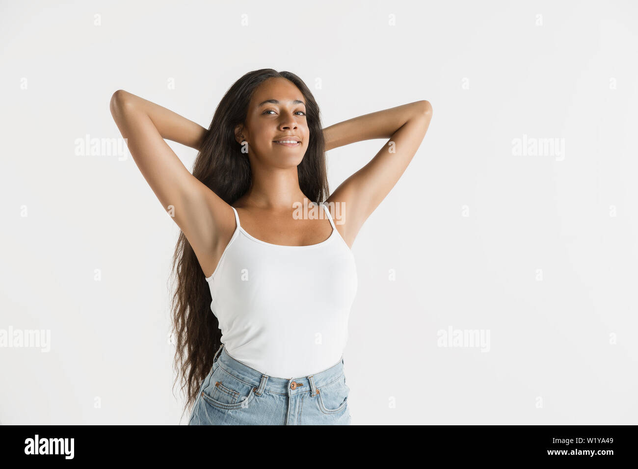Beautiful female half-length portrait isolated on white studio ...