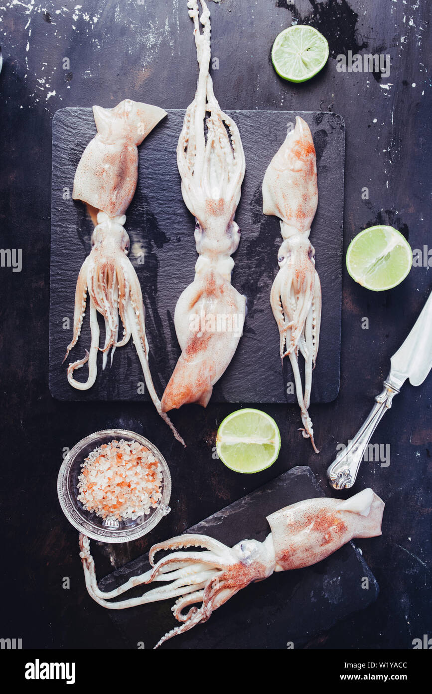 Calamari,Seafood Squid, on a black background,still life, top view with ...
