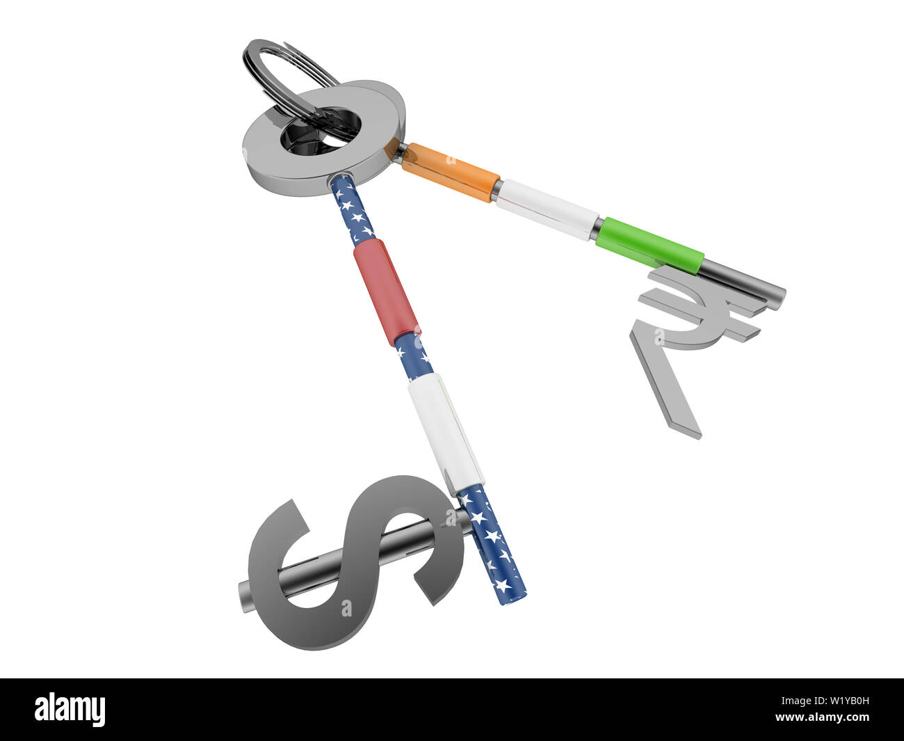 Dollar and Indian currency sign key with US and Indian flag texture on ...