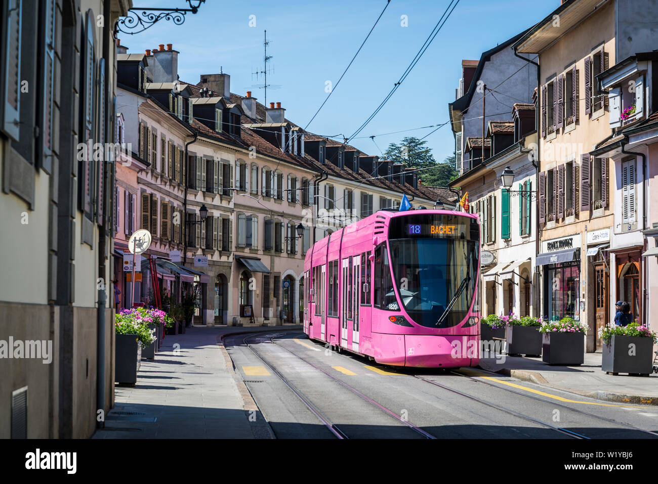 Tram passing through a typical street with French-Italian architecture ...