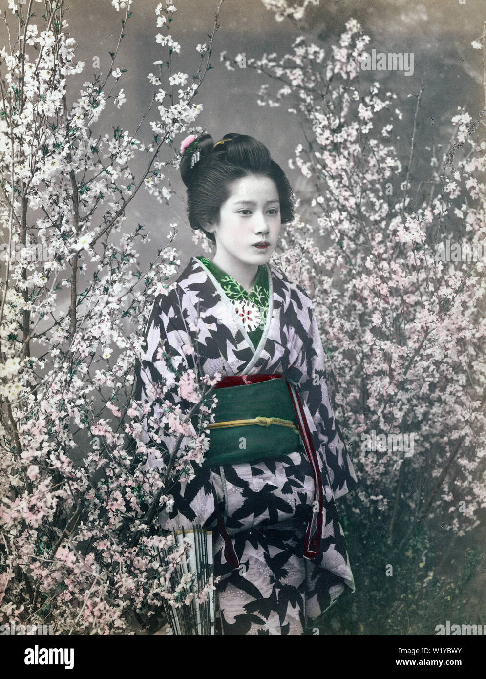 [ 1890s Japan - Flower Vendor ] — A geisha in kimono and traditional ...