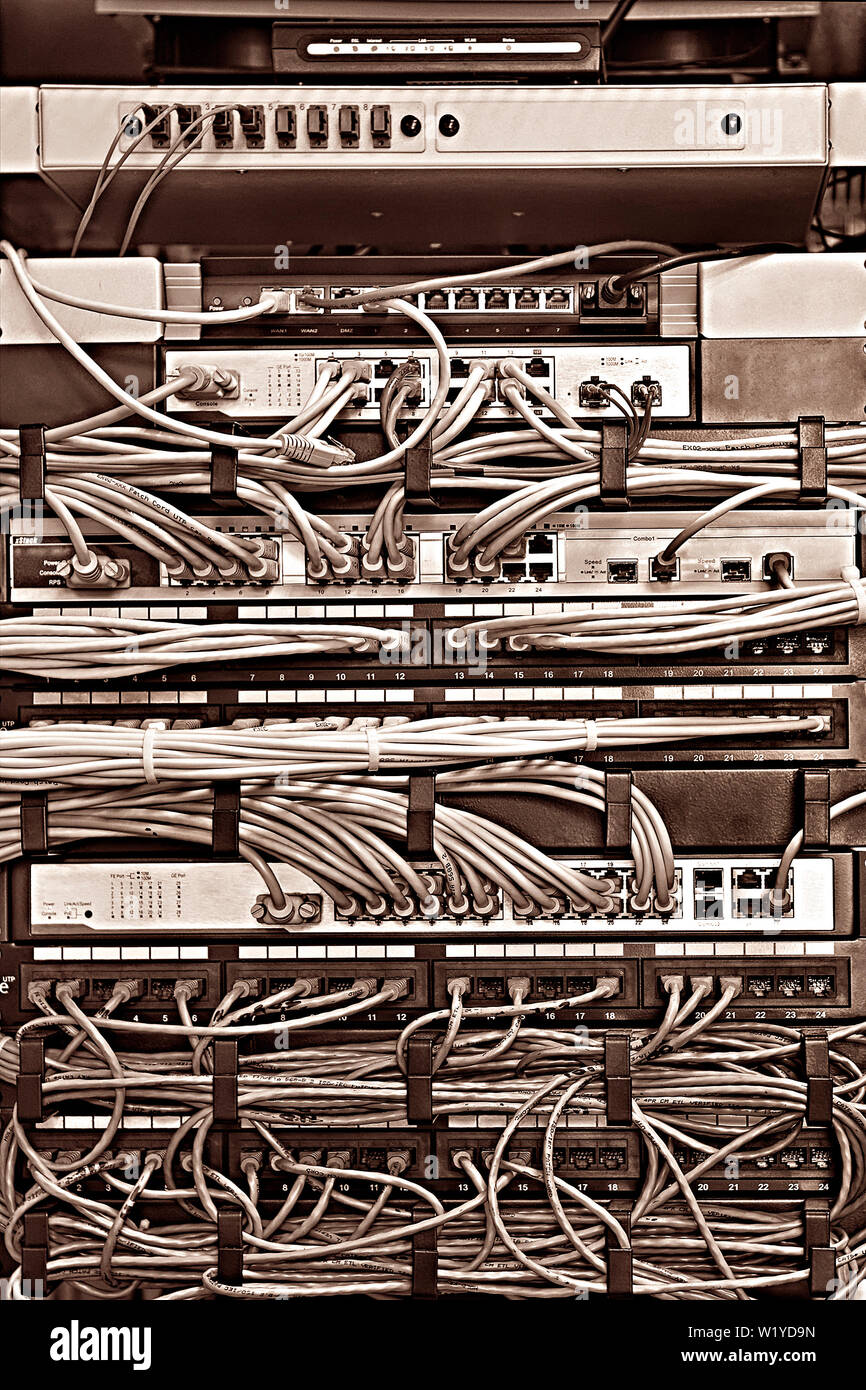 Patch Panel server rack with cords in different colors Stock Photo - Alamy