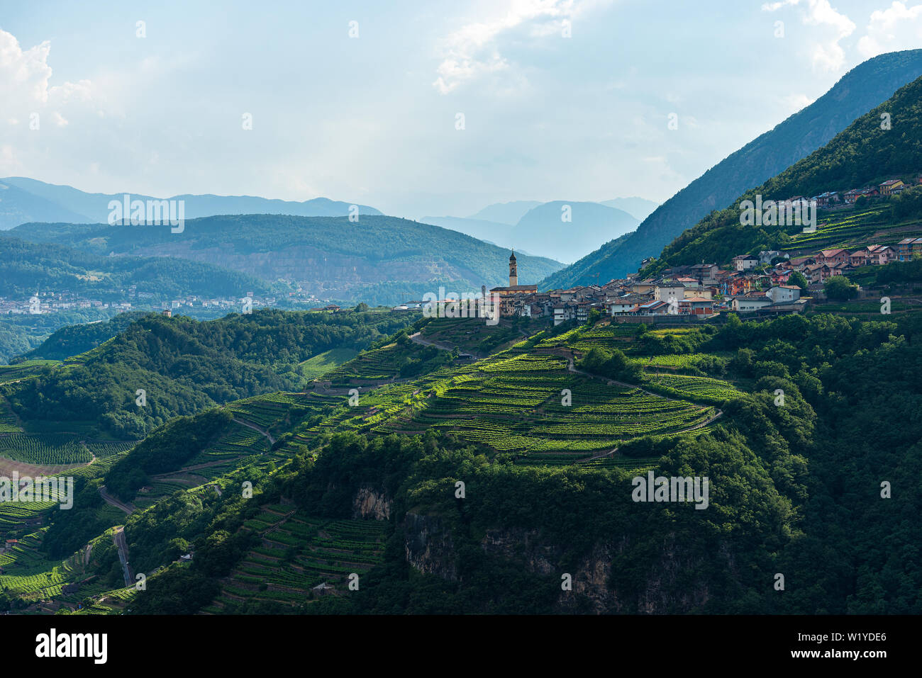 Small village of Faver, famous for wine production. Italian Alps ...