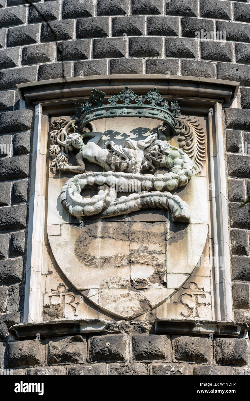 Detail of the Sforza Castle (Castello Sforzesco) with the coat of arms ...