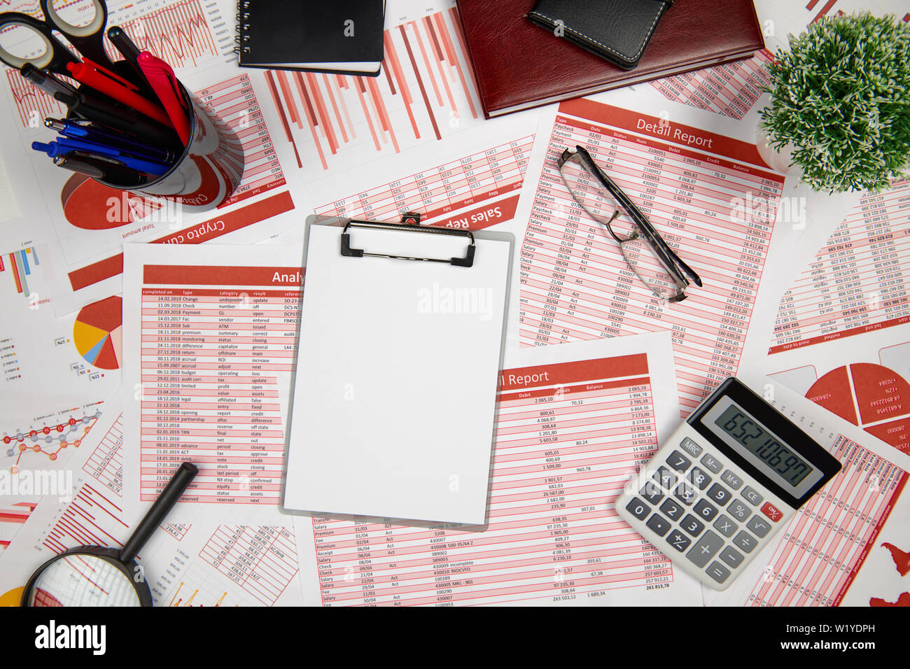 Business reports, blank paper sheet, data tables and charts - directly ...