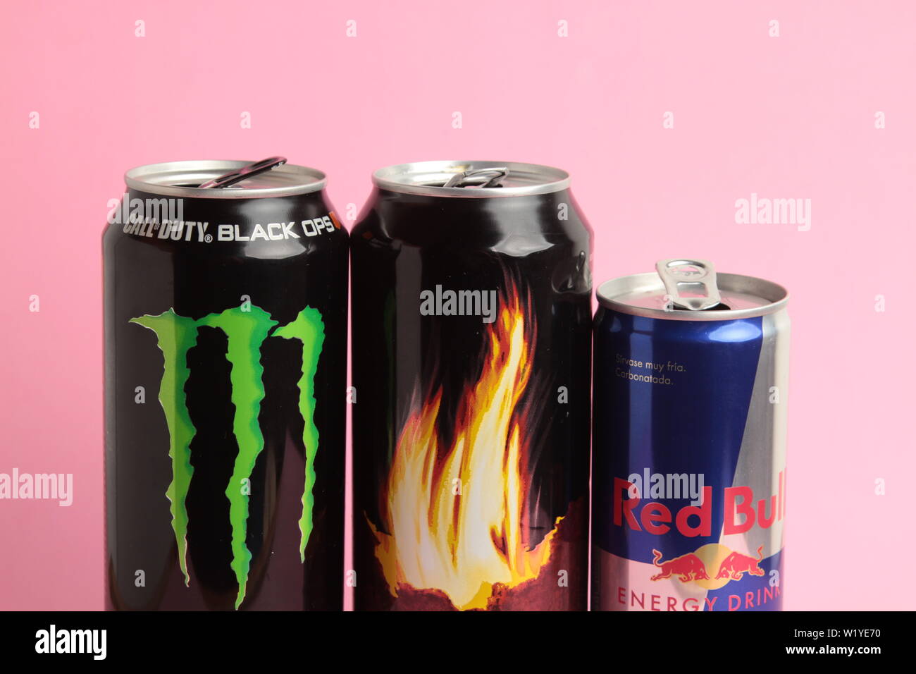 Saragossa Spain. September 18, 2018, cans of energetic drink of monster ...