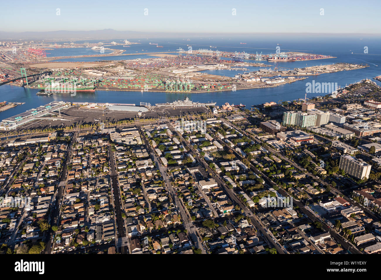 Afternoon aerial view of San Pedro area streets, homes and harbor ...