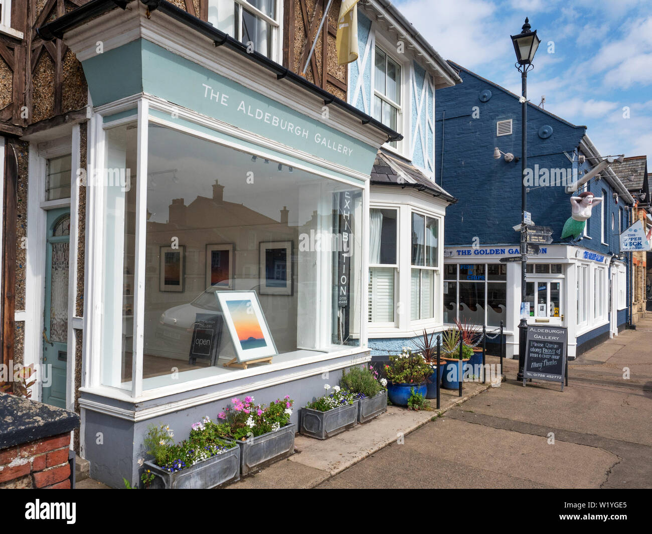 Art gallery and fish and chip shop on the High Street at Aldeburgh ...