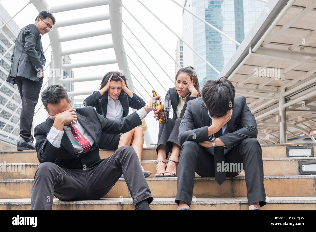 Group business person conflict stress in work, Holding alcohol bottle ...