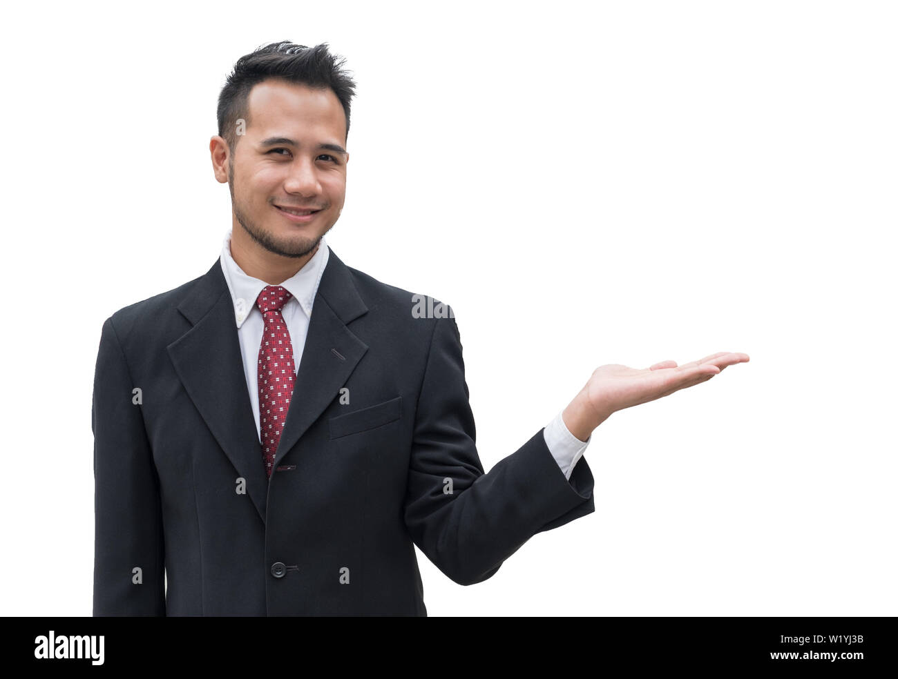 Handsome businessman smiling with hand palm showing empty white ...