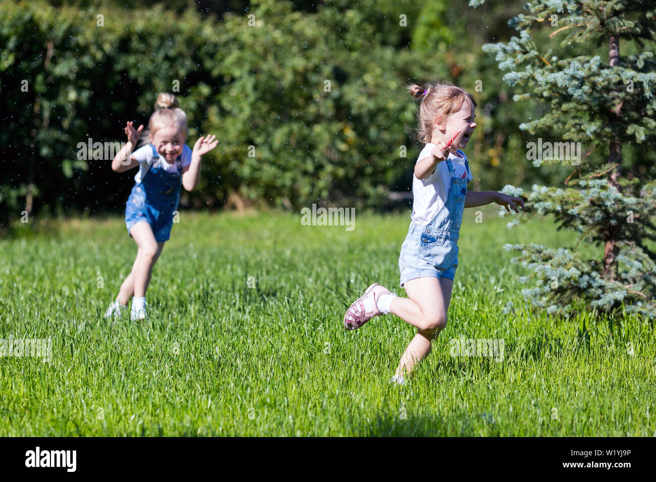Girls running around the lawn with grass playing with splashes of water ...