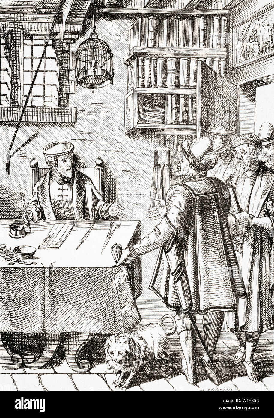 The Receiver of Taxes. Copy of a woodcut in Damhoudere´s Praxis Rerum ...