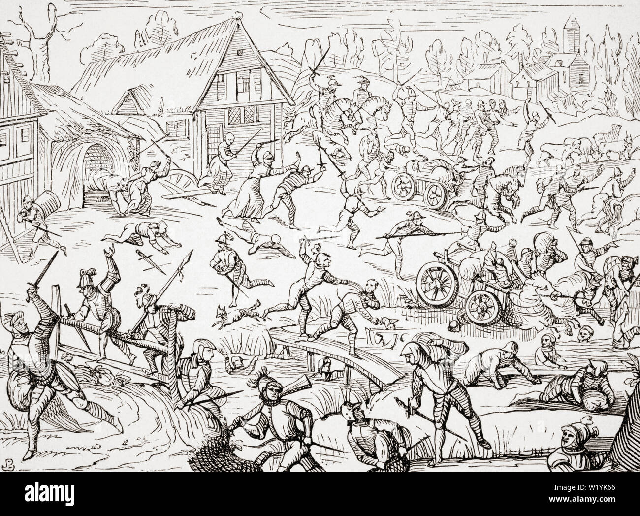 A village pillaged by soldiers. Copy of a woodcut in Hamelmann´s ...