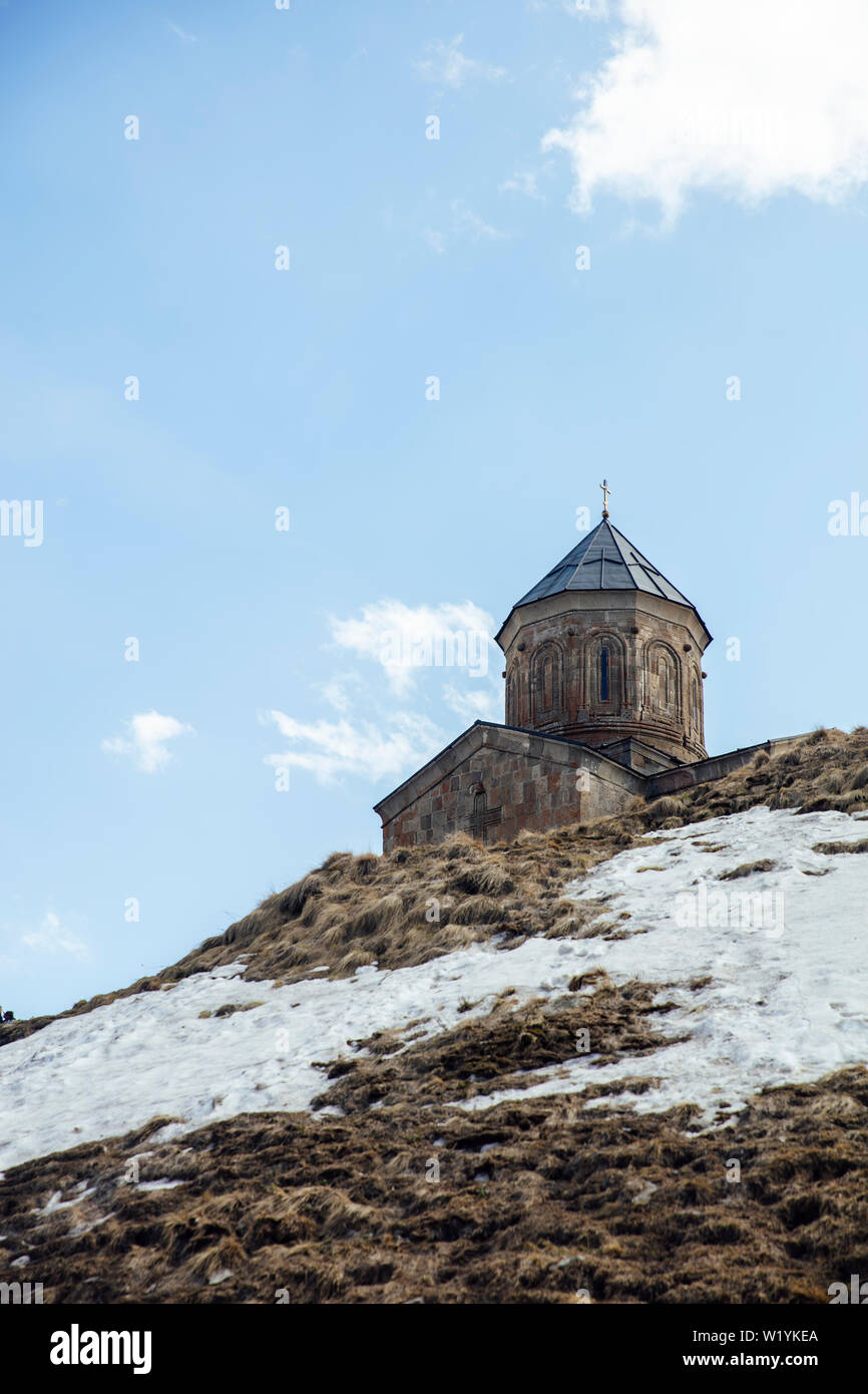 View at Gergeti Trinity Church in Georgia Stock Photo - Alamy