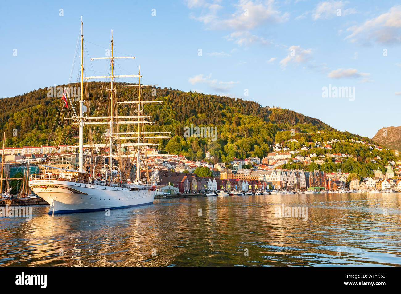 Sailing ship heading into the port of Bergen, Norway Stock Photo - Alamy