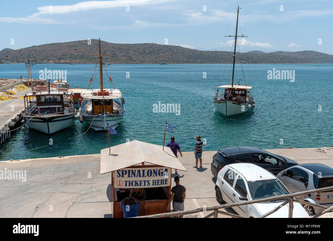 Plaka, Crete, Greece. June 2019. Booking office for ferries operating ...