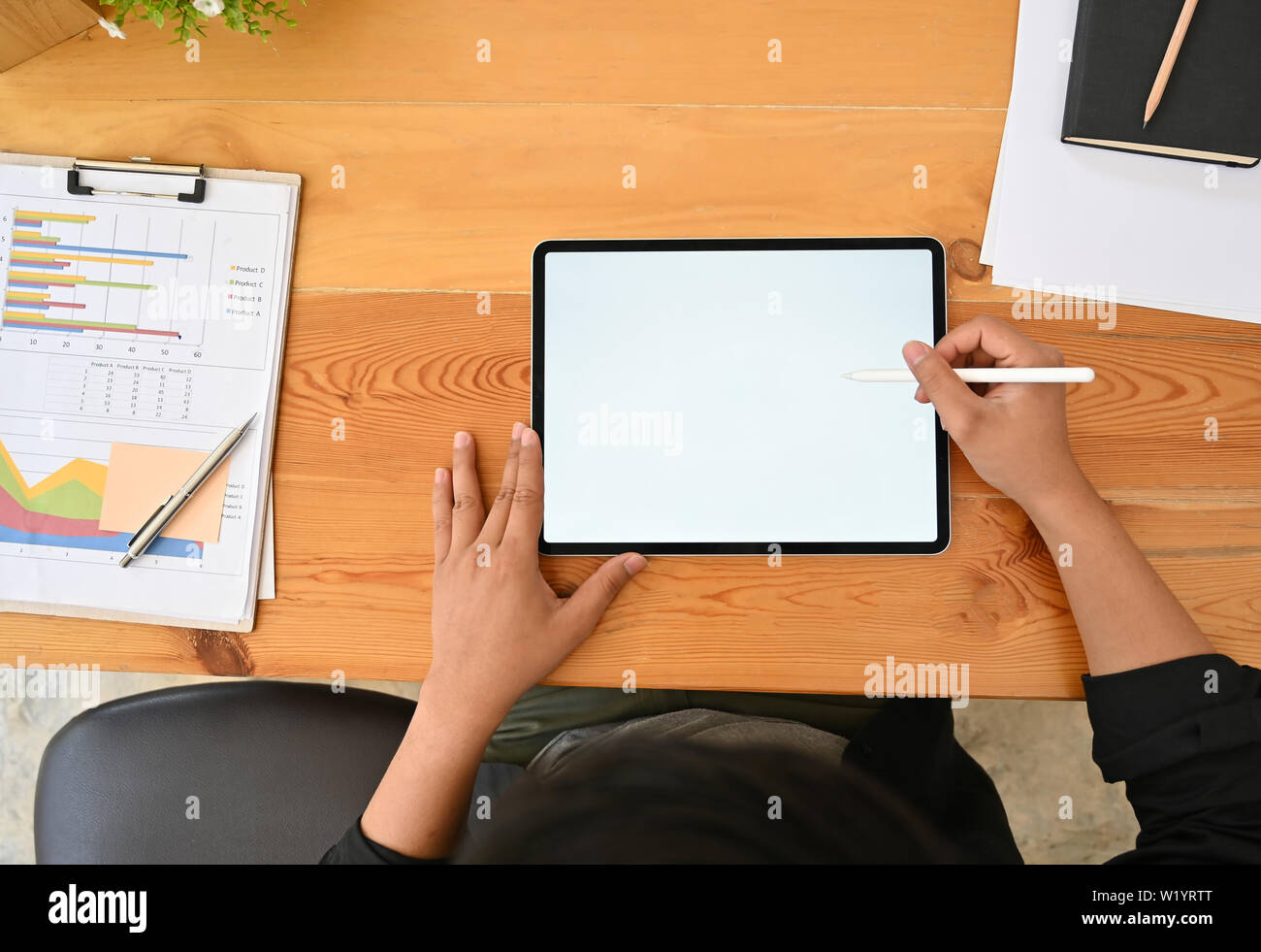 Above cropped shot man using mock tablet computer empty screen for ...