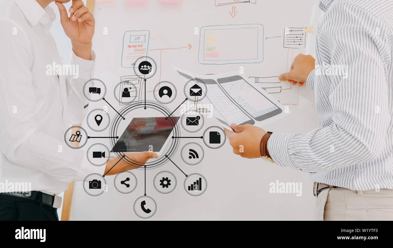 Web developer working with board and tablet with visual icon Stock ...