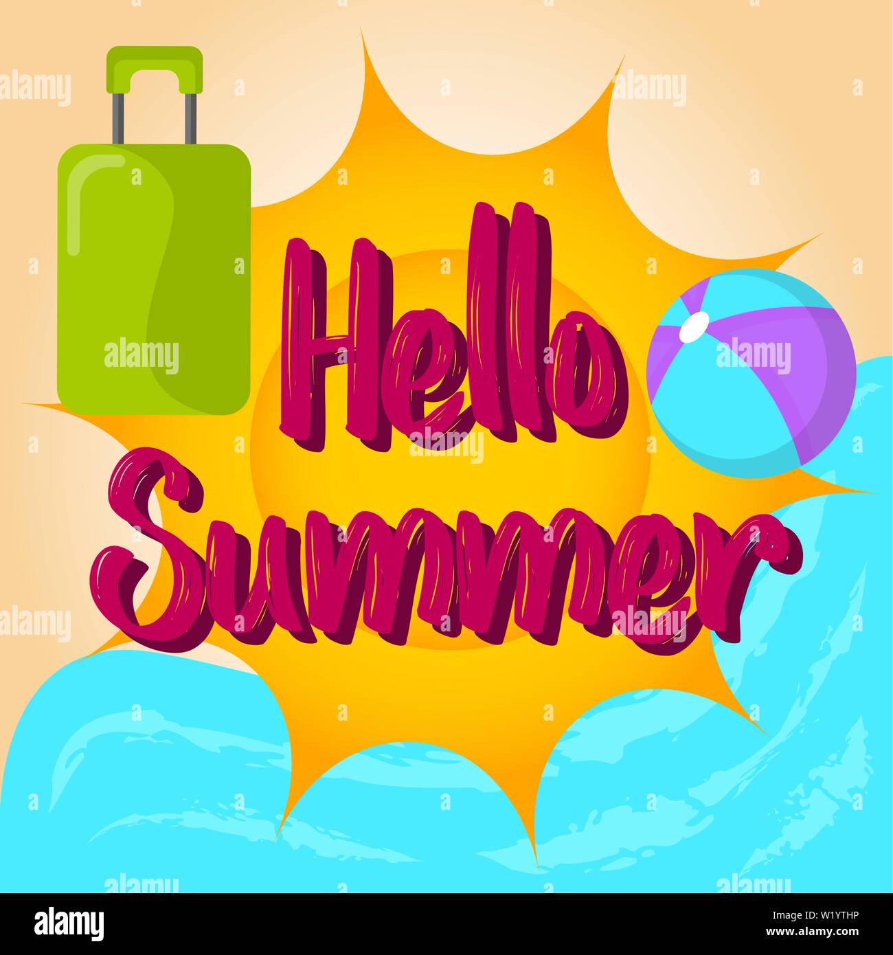Summer vacation poster wit a sun, travel bag and beach ball on a ...