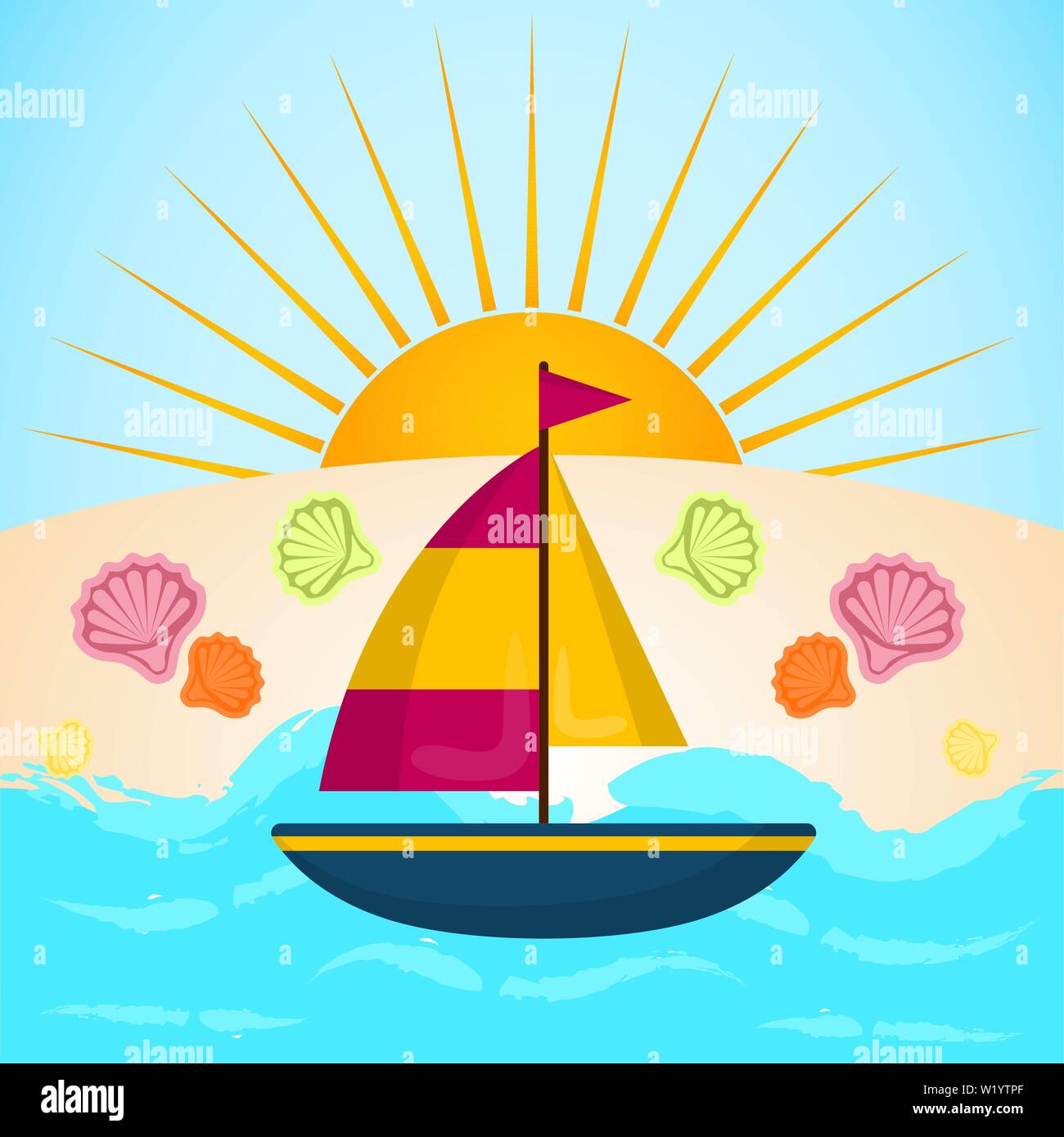 Summer vacation image with a sailboat on a landscape - Vector Stock ...