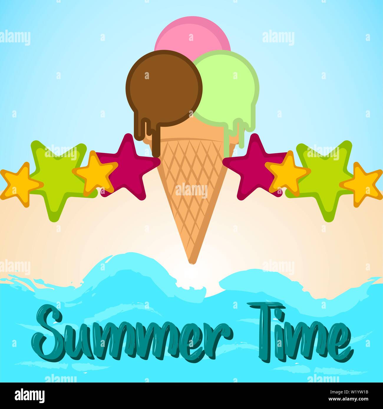 Summer vacation image with an ice cream cone and starfishes on a ...